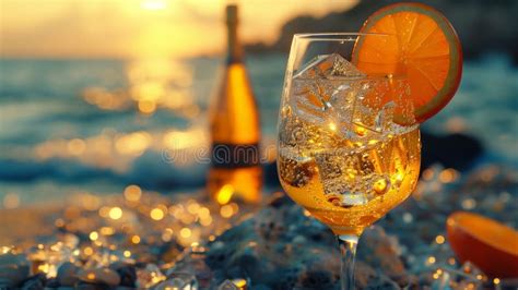 A Glass Of Prosecco With Ice Cubes And A Slice Of Orange On Top Stock Illustration