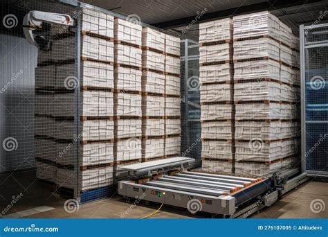 Palletizer Robot With Fully Stacked And Secured Pallets Ready To Be