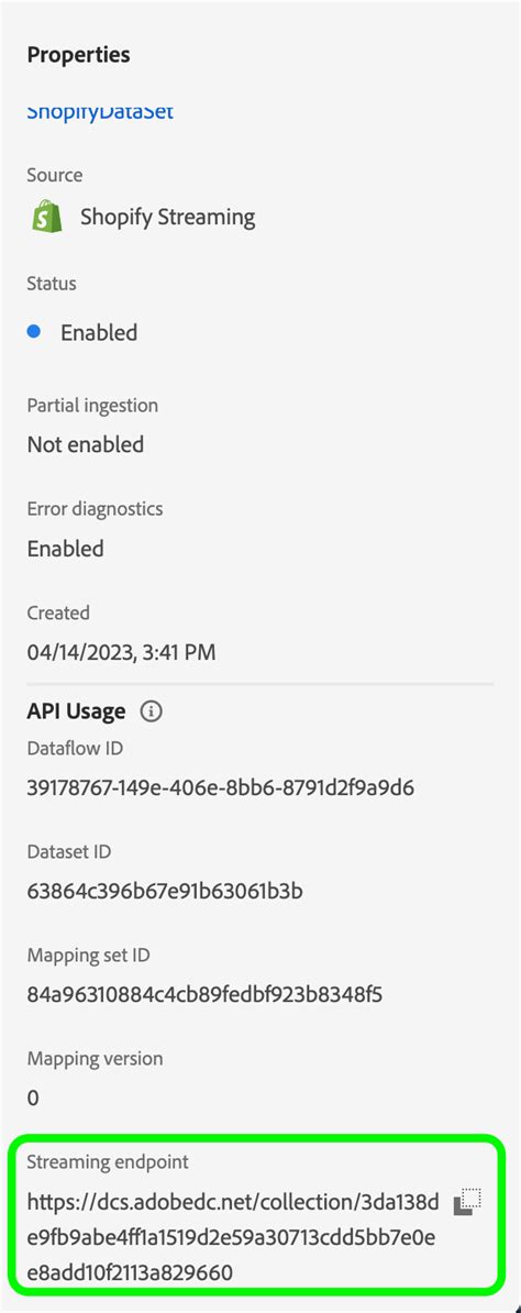 create a shopify streaming connection and dataflow in the ui adobe