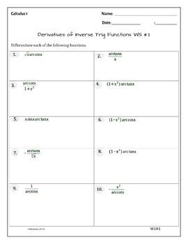 Derivatives Of Inverse Trig Functions WS Problems With Solutions