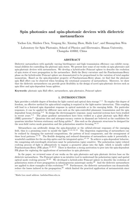 Pdf Spin Photonics And Spin Photonic Devices With Dielectric Metasurfaces