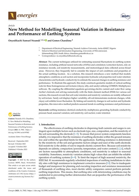 Pdf New Method For Modelling Seasonal Variation In Resistance And Performance Of Earthing Systems