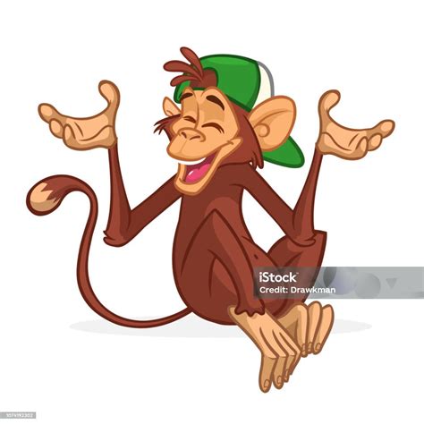 귀여운 만화 원숭이 침팬지 모자를 쓰고 벡터 일러스트 레이 션 갈색에 대한 스톡 벡터 아트 및 기타 이미지 갈색 고릴라 귀여운 Istock