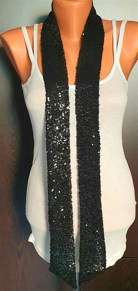 Black Sequin Skinny Scarf Sequin Scarfblack Sequin Necktie Bow Tie