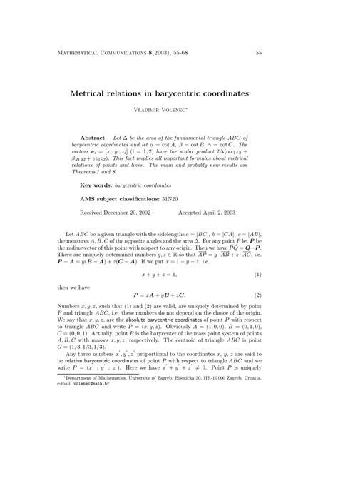 Pdf Metrical Relations In Barycentric Coordinates