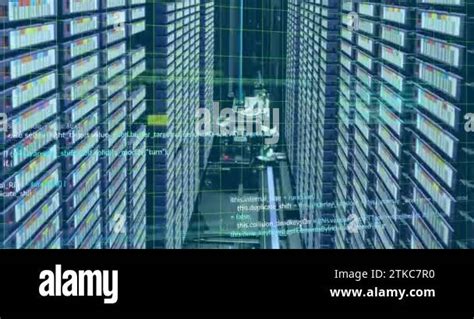 Animation Of Computer Language And Grid Over Data Server Racks Digital Composite Multiple
