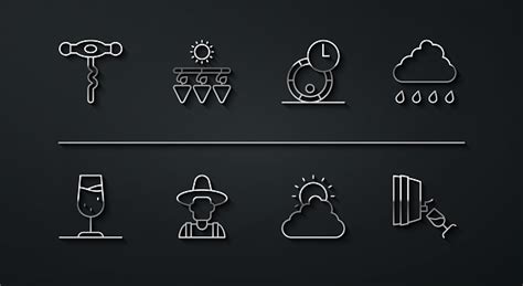 세트 라인 와인 코르크 나사 유리 비와 구름 태양과 구름 날씨 농부 모자 건조 포도 시음 Degustation 및 와인 아이콘에 대 한 나무 배럴 벡터 건강 검진에 대한