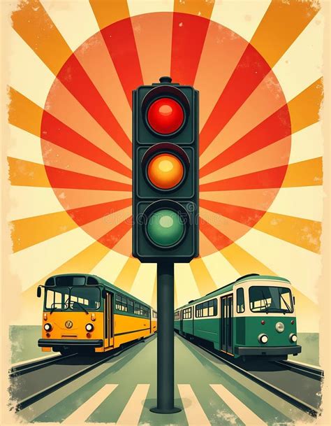 Retro Urban Tram Scene With Traffic Light And Sunburst Design Stock Illustration Illustration