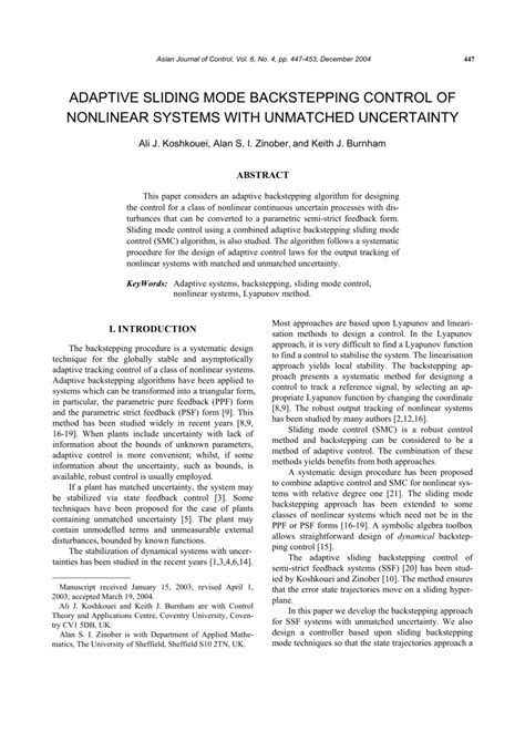 Pdf Adaptive Backstepping Control Of Nonlinear Systems With Unmatched