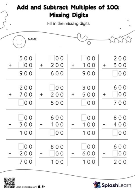 Add And Subtract Multiples Of 100 Missing Digits Worksheet Printable