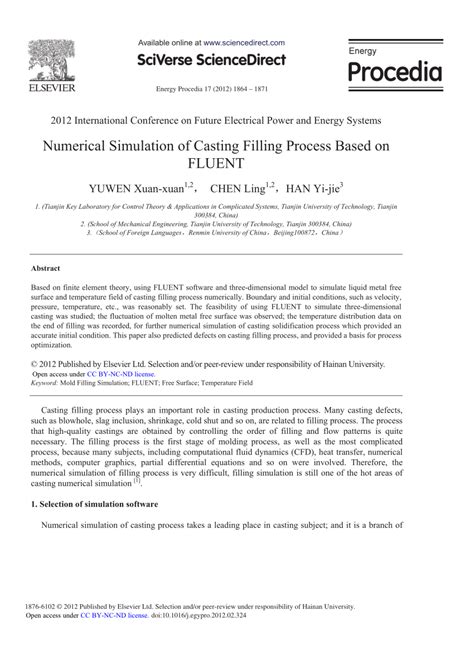 Pdf Numerical Simulation Of Casting Filling Process Based On Fluent