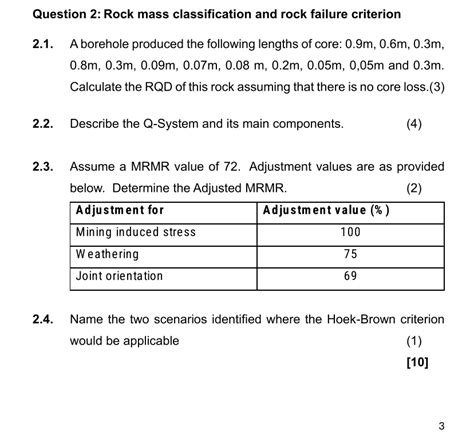 Solved Question 2 Rock Mass Classification And Rock Fail