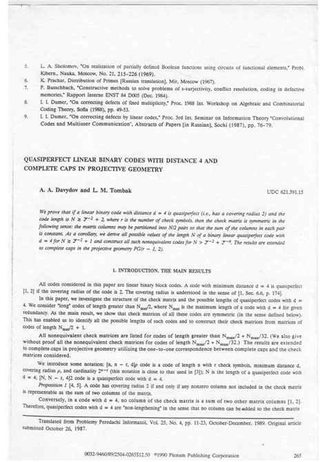 Pdf Quasiperfect Linear Binary Codes With Distance 4 And Complete Caps In Projective Geometry