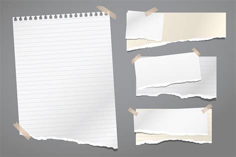 찢어진 흰색 노란색 및 줄 지어 노트 노트북 종이 스트립 과 조각 어두운 회색 배경에 끈적 끈적한 테이프붙어 의 집합 벡터