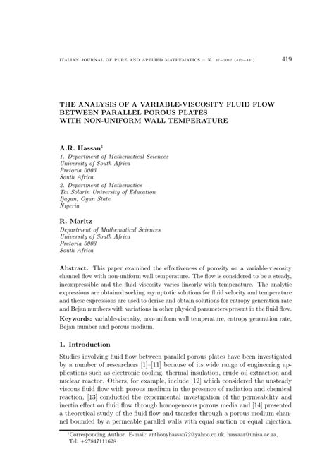 Pdf The Analysis Of A Variable Viscosity Fluid Flow Between Parallel Porous Plates With Non