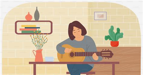 집에서 시간을 보내는 여자 어쿠스틱 악기를 연주하는 기타리스트 식물과 선반 책이 있는 방 내부 소녀는 기타를 연주하고 음악을 만든다 사람은 문자열 벡터 그림을