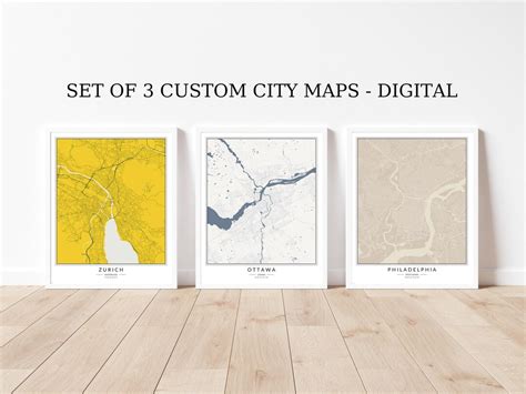 Printable Set Of Custom City Maps Personalized Digital Gallery Of Three Colur Maps Print