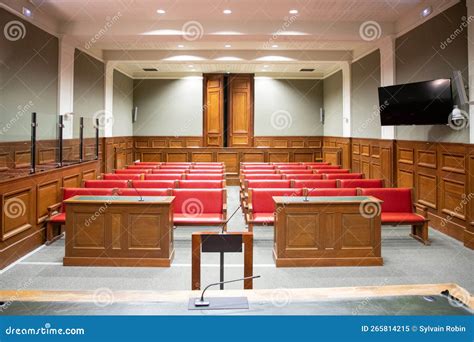 Empty Courtroom With Judge And Clerks Workplace Courthouse Interior Justice Court Editorial