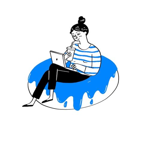 Милая молодая девушка сидит на подушке в форме пончика нарисованная вручную векторная