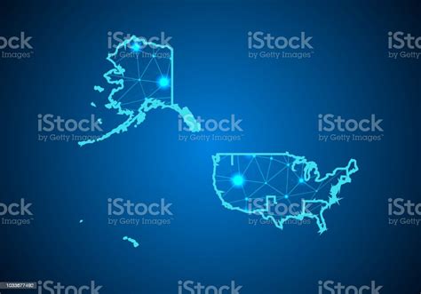 추상 매 시 라인과 포인트 가늠 자 미국 메카토르의 지도와 어두운 배경에 와이어 프레임 3d 메쉬 다각형 네트워크 라인 디자인 영역 점 및 구조 미국 메카토르의 통신
