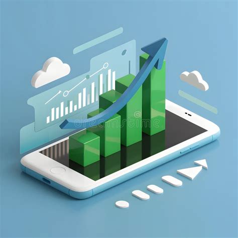 3d Mobile Display Showing Green Bar Chart With Rising Blue Arrow Stock Illustration