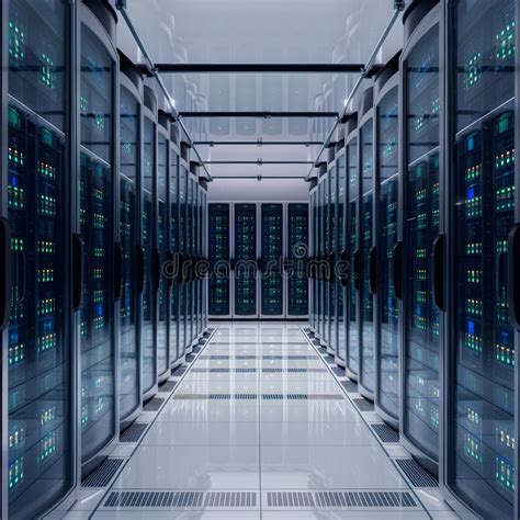High Tech Data Center With Glass Server Cabinets Blue Lights Reflective Floor Stock