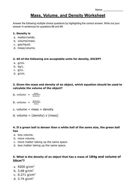 Free Density Questions Worksheet Download Free Density Questions