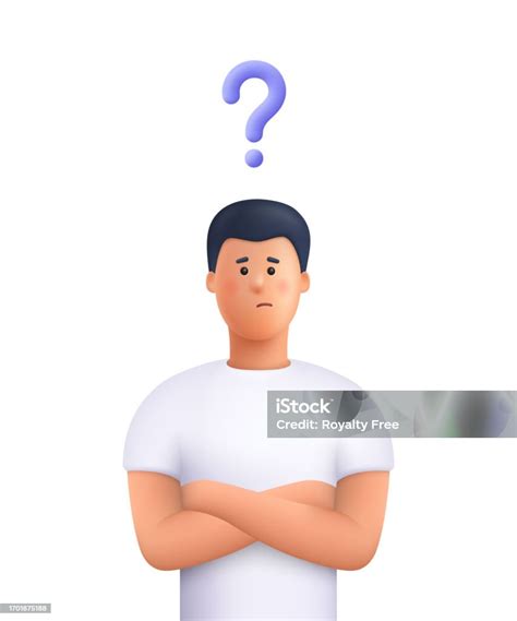 팔짱을 끼고 생각하는 혼란스러운 남자는 물음표와 함께 포즈를 취한다 선택 의심 및 문제 해결 개념 3d 벡터 인물 캐릭터 그림입니다 만화 미니멀 스타일 3차원 형태에 대한