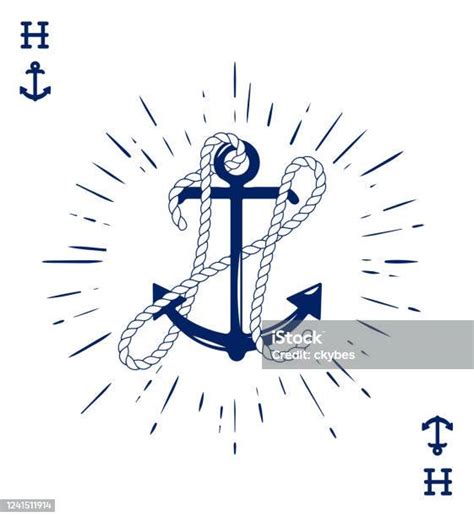 배 밧줄로 만든 앵커와 편지빈티지 라벨 의류 티셔츠 또는 포스터 디자인 카드 스타일 놀이와 로고 타입 모노그램 벡터 그림입니다 수병에 대한 스톡 벡터 아트 및 기타 이미지