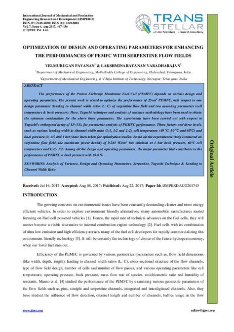Pdf Optimization Of Design And Operating Parameters For Enhancing The