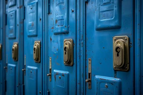 A row of blue school lockers with brass locks creating an atmosphere reminiscent of high school ...