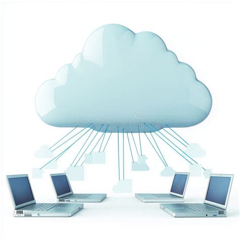 Multiple Laptops Connect To Large Cloud Data Transfer Storage Represented Modern Tech
