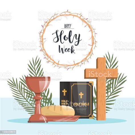성주간 빵과 성배 십자가 종려 나무 가지 가시 면류관과 성경 세족목요일에 대한 스톡 벡터 아트 및 기타 이미지 세족목요일