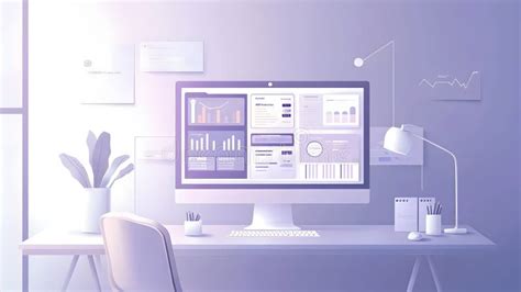 Minimalist Lavender Workspace With Data Charts On Computer Screen Stock Illustration
