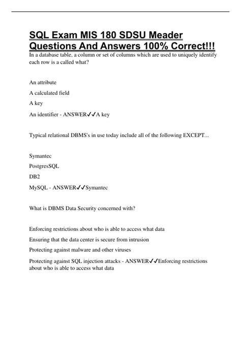 Sql Exam Mis 180 Sdsu Meader Questions And Answers 100 Correct Mis 180 Stuvia Us