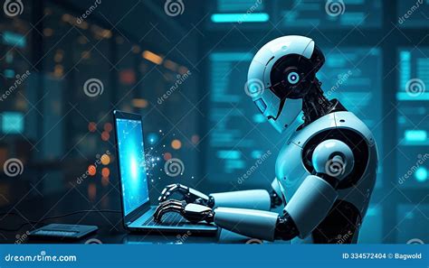 Ai Robot Working On Computer With Cybersecurity Technology In Futuristic Office Stock