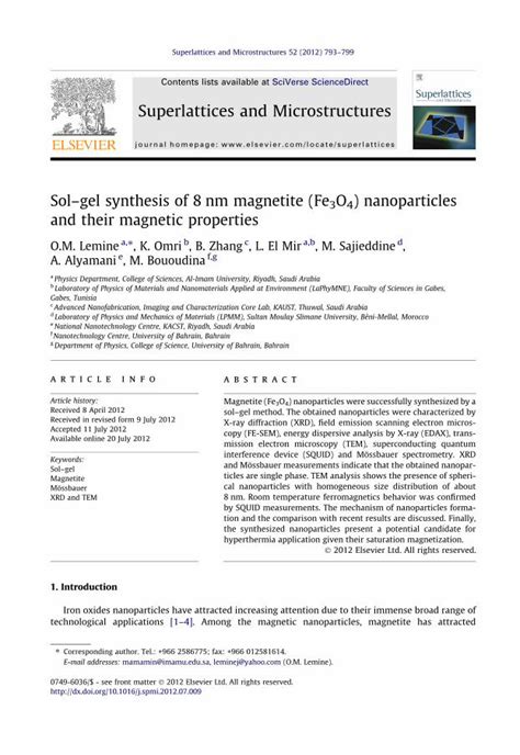 Pdf Solgel Synthesis Of 8 Nm Magnetite Fe3o4 Nanoparticles And