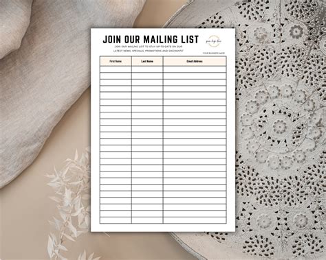 Editable Mailing List Template Esthetician Email Address List Sign Up Sheet Spa Beauty