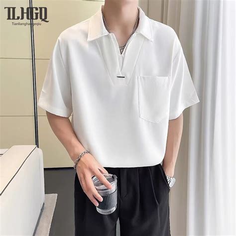 เสื้อโปโลแขนสั้นแฟชั่นสําหรับผู้ชายมีกระเป๋าและทรงหลวม Shopee Thailand