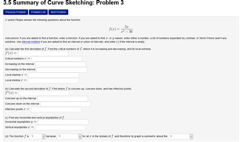 solved 3 5 summary of curve sketching problem 3 previous
