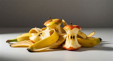 Eaten Fruits Showing Apple Cores And Banana Peel Scraps Stock Illustration Illustration Of