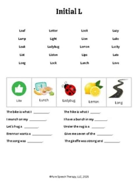 Articulation Initial L 2 In Therapy Or Homework Practice Sheet By
