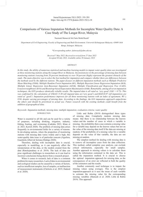 Pdf Comparisons Of Various Imputation Methods For Incomplete Water