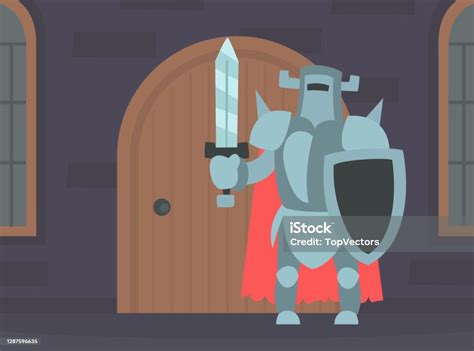 중세 성 인테리어 만화 벡터 일러스트에서 전신 갑옷에 중세 기사 전사 검에 대한 스톡 벡터 아트 및 기타 이미지 검 경쟁