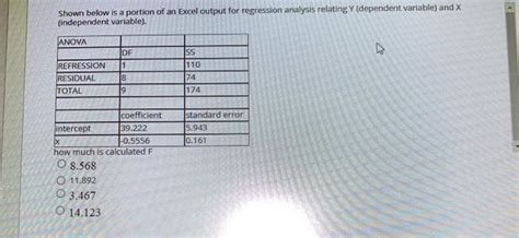 solved shown below is a portion of an excel output for