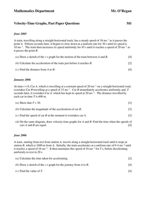 Velocity Time Graphs Past Paper Questions Teaching Resources