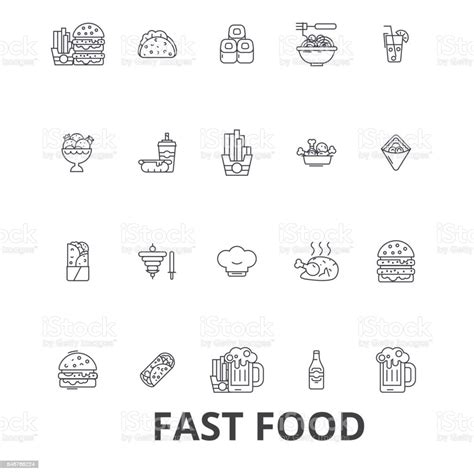 패스트 푸드 레스토랑 피자 햄버거 햄버거 정크 핫도그 감자 튀김 라인 아이콘 편집 가능한 스트로크입니다 평면 디자인 벡터 그림 기호 개념입니다 선형 신호 절연 스파게티에