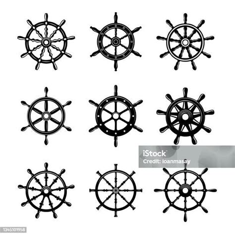 선박 바퀴의 일러스트레이션 세트 라벨 기호 엠블럼 포스터용 디자인 요소 벡터 일러스트레이션 방향에 대한 스톡 벡터 아트 및 기타