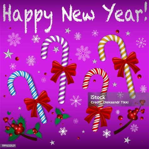 현실적인 크리스마스 달콤한 사탕 지팡이 새해 복 당 기 및 메리 크리스마스 휴일 을 축하 벡터 일러스트레이션 빨간 활과 리본