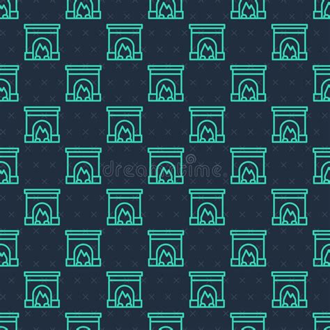 Green Line Interior Fireplace Icon Isolated Seamless Pattern On Blue Background Vector Stock